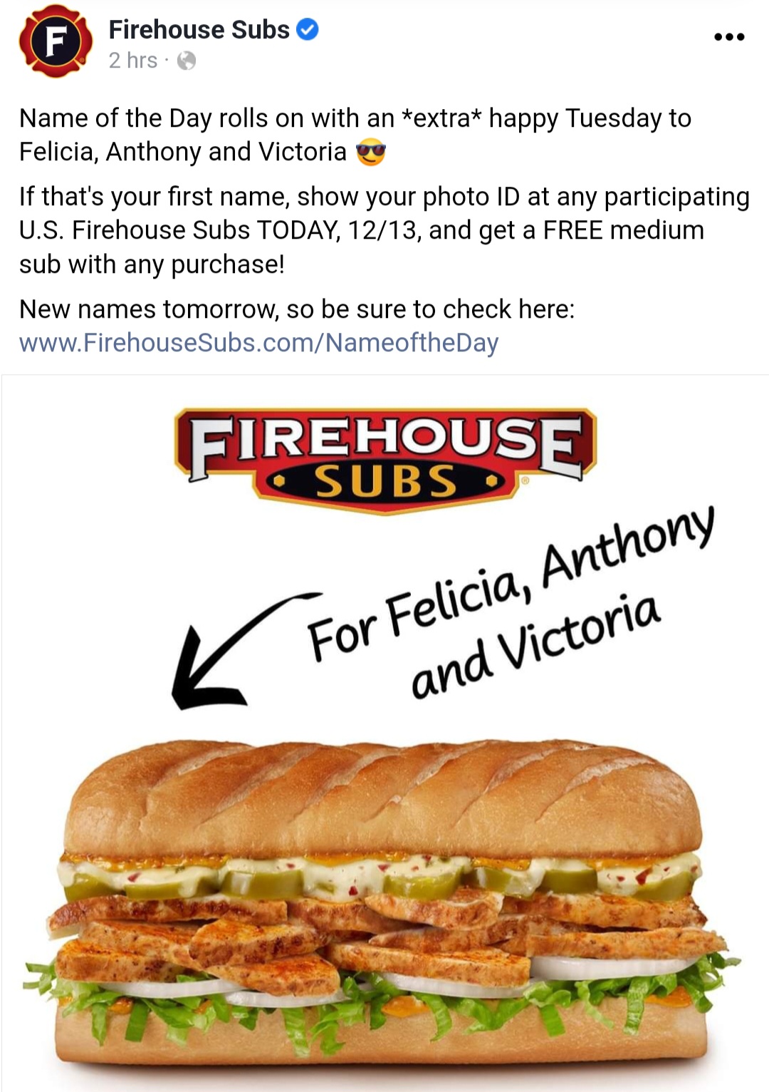 For Names Felicia, Anthony & Victoria FREE Medium Firehouse Sub Today ...